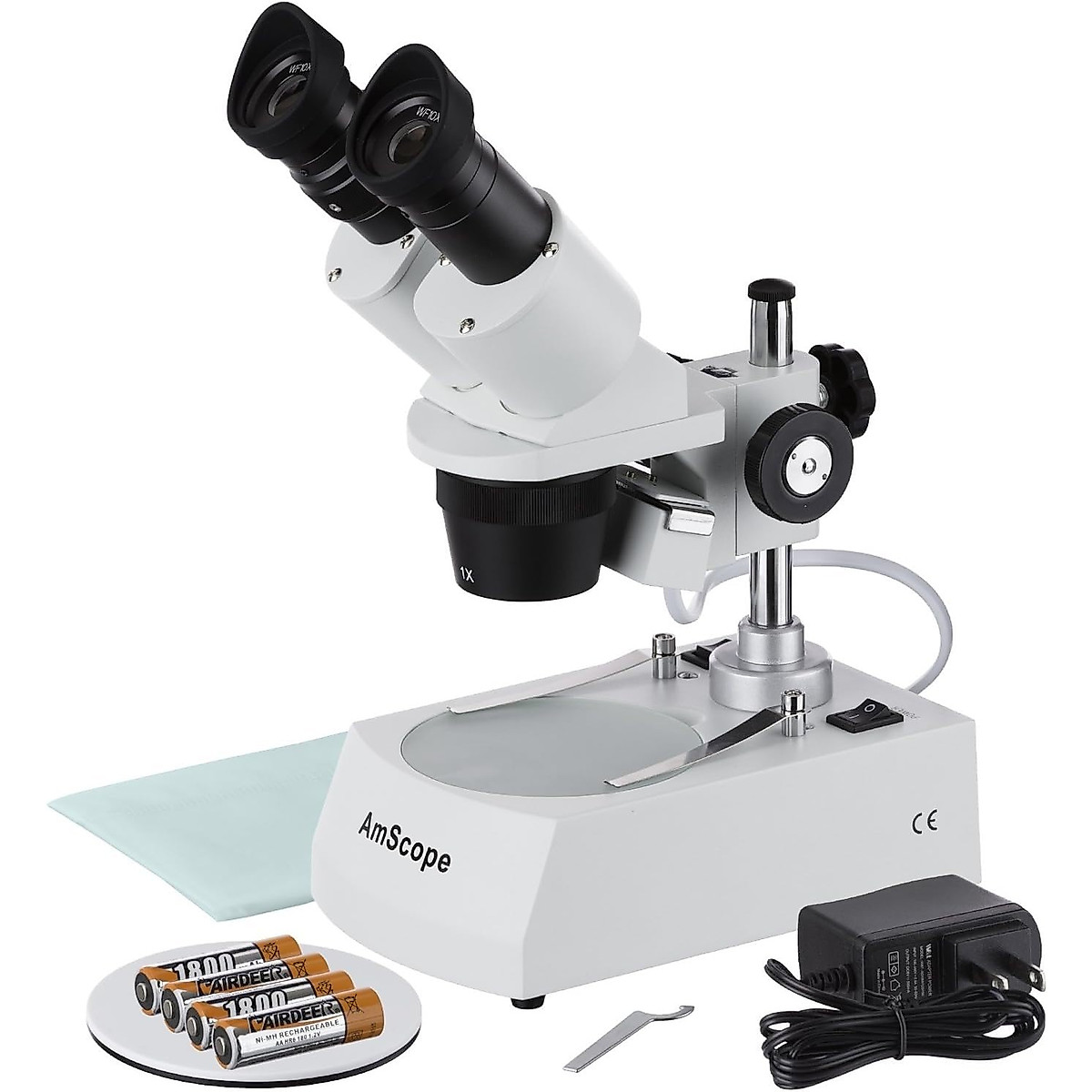 AmScope SE305R-P-LED Forward-Mounted Binocular Stereo Microscope, WF10x Eyepieces, 10X and 30X Magnification, 1X and 3X Objectives, Upper and Lower LED Lighting, Reversible Black/White Stage Plate, Pillar Stand, 120V or Battery-Powered