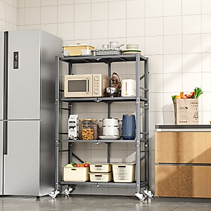 4-Tier Rolling Cart, HERJOY Folding Collapsible Utility Cart, Storage Shelves Trolley Service Cart with Rotational Wheels for Kitchen, Bathroom, Living Room and Office, Grey