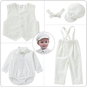 Booulfi Baptism Outfits for Boys, Baby Boy Clothes Formal Gentleman Suits White Dress Shirt Bowtie Suspender Pants Vest Hat, Christening gifts 3-6M