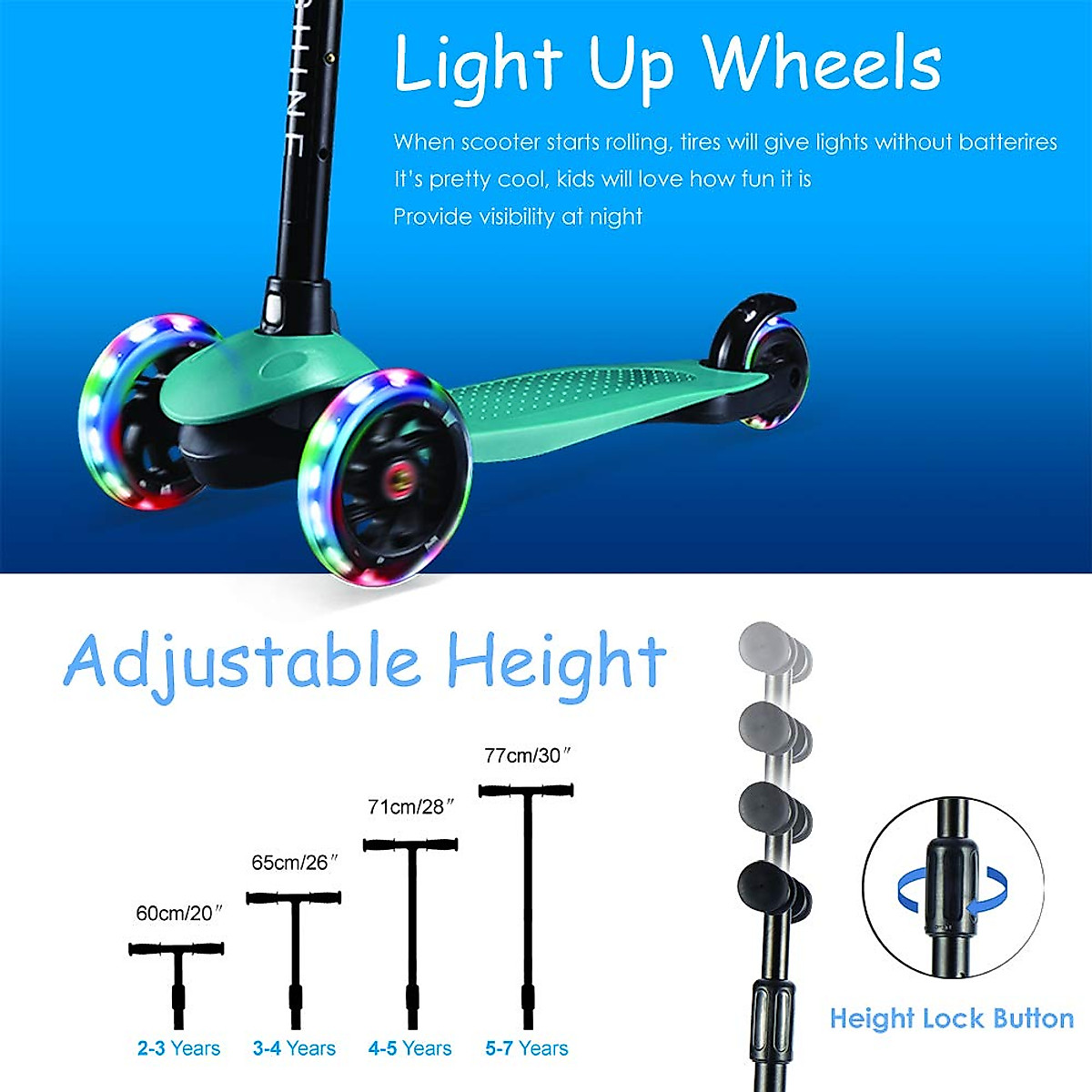 Kids Kick Scooters for Toddlers Boys Girls Ages 2-5 Years Old, Adjustable Height, Extra Wide Deck, Light Up Wheels, Easy to Learn, 3 Wheels Scooters (Green)