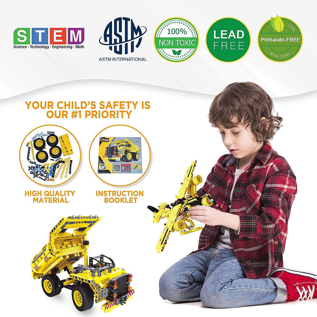 Oakkart STEM Toys Building Sets for Boys 8-12 Build 2in1 Dump Truck or Airplane Construction kit Engineering Sets for Boys STEM Building Set for Kids