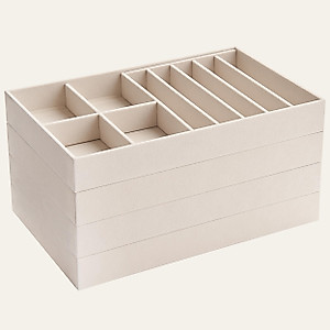 Oyydecor Stackable Jewelry Organizer Tray, Jewelry Drawer Organizer Set of 4 - Earrings, Necklaces, Rings, Bracelets Storage for Women and Girls - Beige.