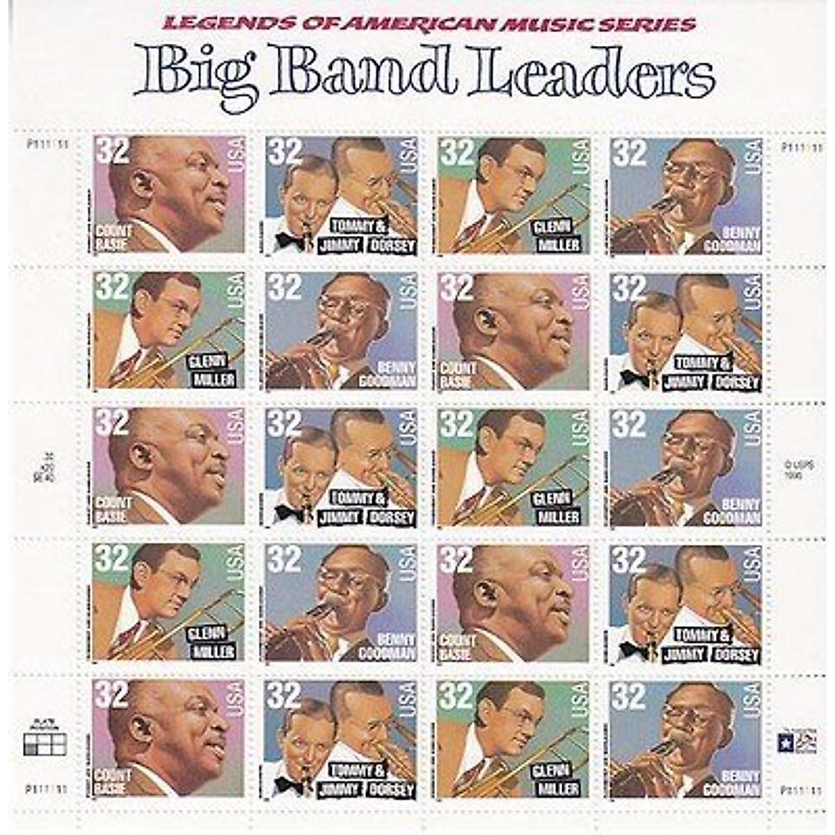 US Stamps - 1996 Big Band Leaders - 20 Stamp Sheet - Scott #3096-9 by USPS