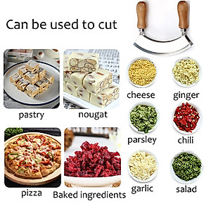 Mezzaluna Knife and Round Cutting Board - Double Blade Chopping Knife Pizza Cutter Rocker Knife Mezzaluna With Wood Cutting Board Salad Chopper Mincing Knife Stainless Steel