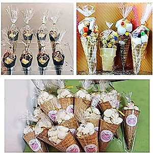 FUNNYARD Cone Bag 100PCS Mini Clear Cello Treat Bags Popcorn Bags 5.1 by 9.8 Inch Triangle Cellophane Bags with Twist Ties for Candies Handmade Cookies Wedding Birthday Pop Gift Candy Buffet Supplies