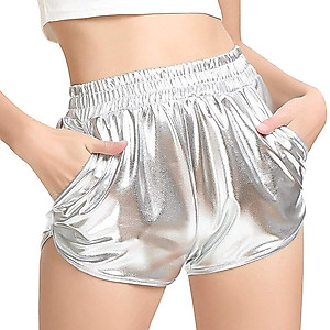 Women's Yoga Hot Shorts Elastic Waist Shiny Metallic Pants (Silver, L)