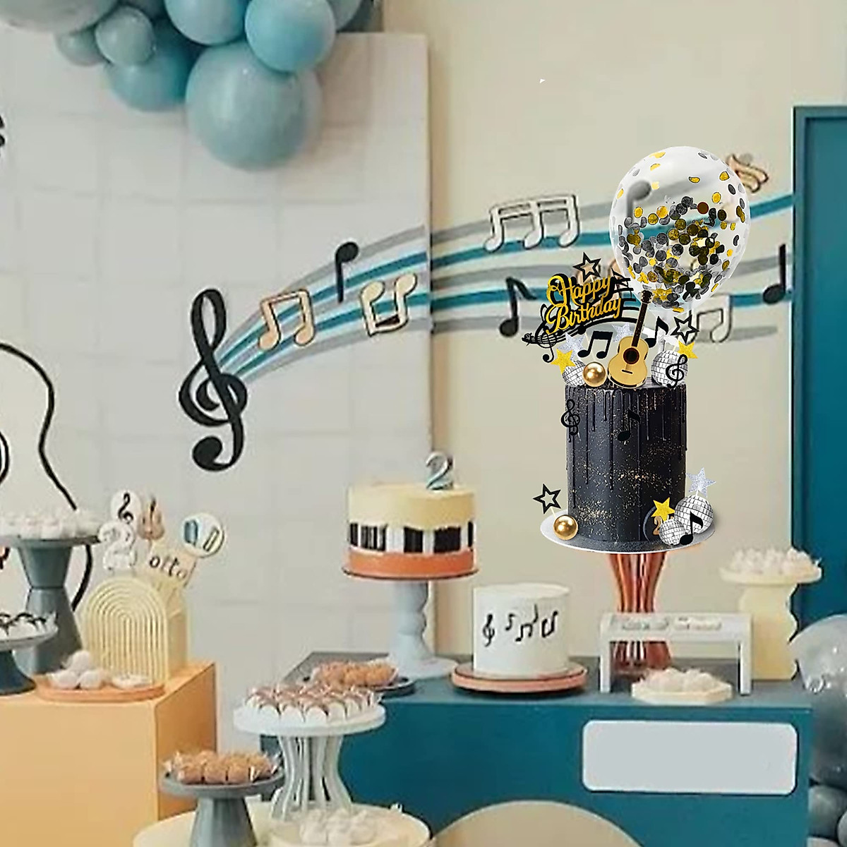 31 PCS Guitar Cake Toppers Music Notes Balls Cake Decorations for Musician Birthday Party Rock Theme Party (Black)