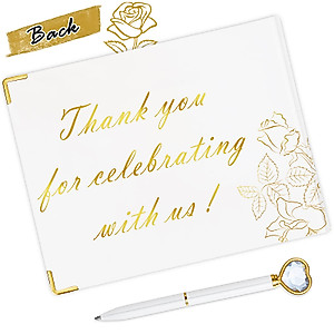 JEWPHX Guest Book with Pen– 9"x7" Hardcover 120 Page/60 Sheets-Gold Foil Gilded Edgesfor Guests to Sign at a Wedding, Party, Baby or Bridal Shower(White)