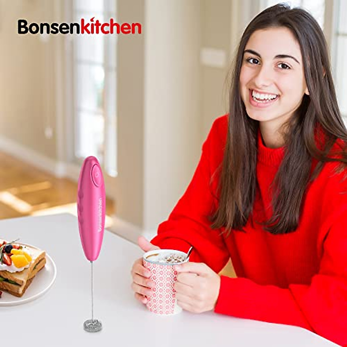 Bonsenkitchen Milk Frother Handheld, Automatic Milk Foam Maker Hand Frother for Coffee, Matcha, Hot Chocolate, Battery Operated Mini Drink Mixer-Hot Pink
