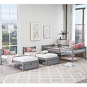 RUNWON Full Over Twin Wood Triple Bunk Bed with 2 Drawers for Kids Adults Bedroom,Detachable to 3 Platform Beds,No Box Spring Needed