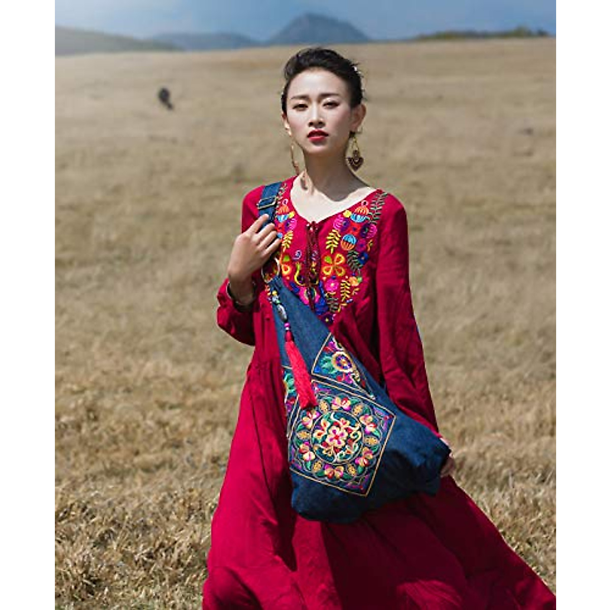 Women Crossbody Bag Fashion Hobo Shoulder Bags Casual Cross Body Denim Handmade Sling Bags,Heavy Embroidery Messenger Bag