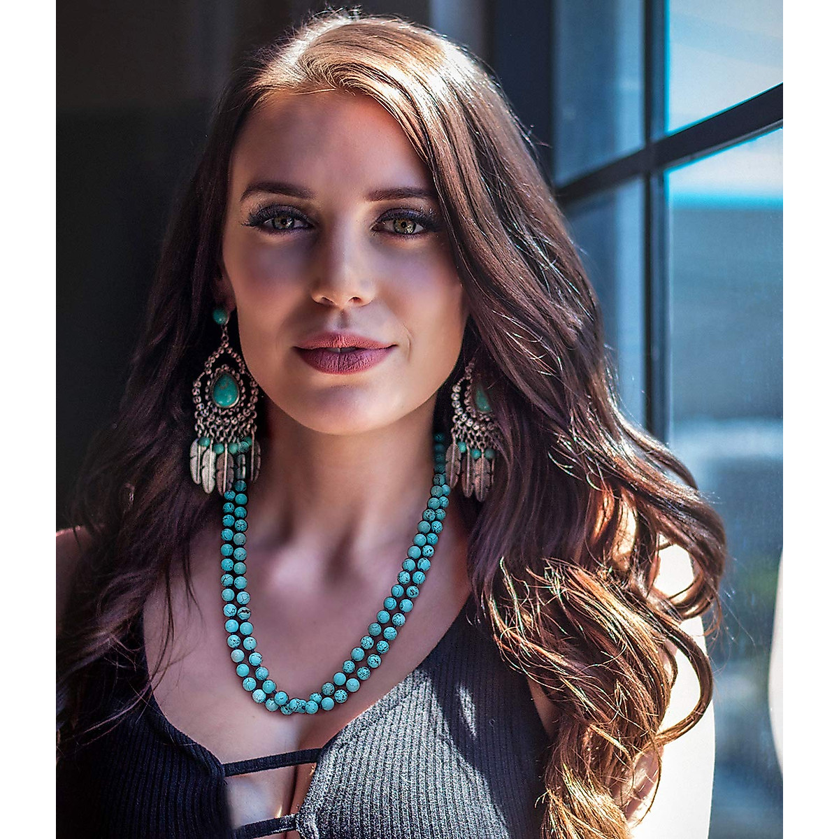 PEARLADA Boho Turquoise Necklace Long Beaded Necklace Strand Handmade Knotted Jewelry for Women Fashion Beads Endless Necklace