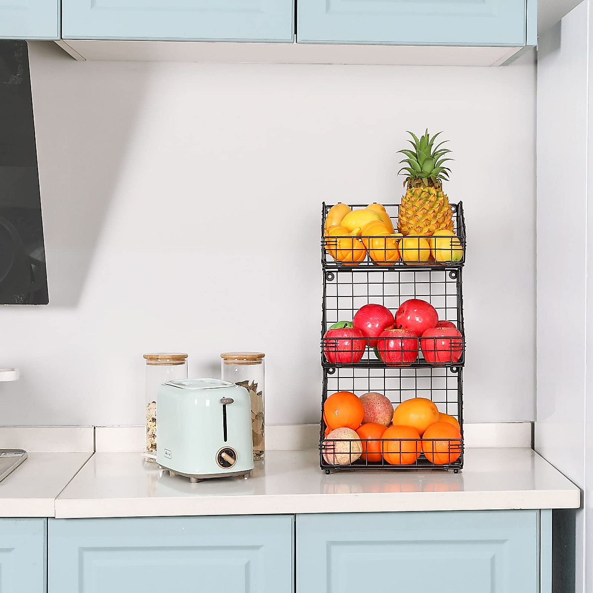 Stackable Tea Bag Organizer with Removable Divider and Hooks Wall Mount 3 Tier Metal Wire Storage Basket Countertop Coffee Condiment Snack Holder Rack for Home Office Kitchen Cabinet Pantry Black