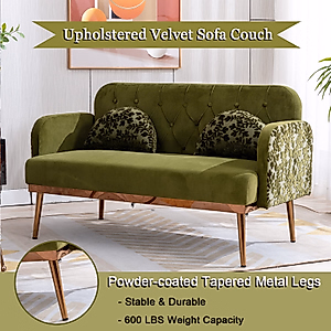 55-inch Small Velvet Couch with Elegant Moon Shape Pillows, Twin Size Loveseat Accent Sofa with Golden Metal Legs, Living Room Sofa with Tufted Backrest, 600 Pounds Weight Capacity, Green