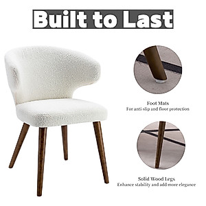 RIVOVA Upholstered Accent Arm Chairs Set of 6, Faux Sherpa Mid Century Modern Dining Chairs for Kitchen Dining Room Side Chairs with Wood Legs, White