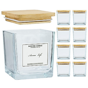 Creahaus 9pack, 10oz Square Candle Jars with Bamboo Lids, Thickened Glass Candle Containers with Warning Labels, Empty Candle Vessels for Candle Making DIY Craft