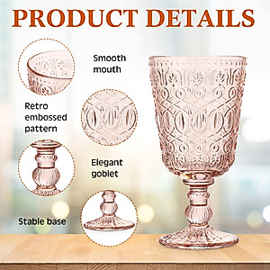 Rtteri 12 Pcs Vintage Glass Goblet Stemmed Wine Glasses Bulks 10 oz Wine Glasses Set High Clear Wine Glass Glassware for Juice Liquor Party Wedding Bars Restaurants Romantic Embossed (Flesh Pink)