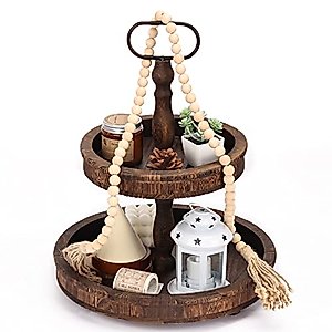 HOLICOLOR Decorative Trays, Tiered Tray Decor Farmhouse Two Tiered Tray Brown Tiered Serving Tray Wood Tray with Wooden Beads String for Kitchen Coffee Macaron Plate Cakes Dessert Fruit