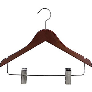 Junior Walnut Finish Wood Combo Hanger with Clips and Notches in 14" Length X 7/16" Thick with Chrome Hardware, Box of 25