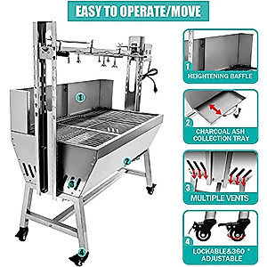KODOM 132LBS Stainless Steel Rotisserie Grill with Back Cover Guard, 25W Motor Small Pig Lamb Rotisserie Roaster, 37 Inch BBQ Charcoal Rotisserie Roaster Grill for Camping Outdoor Kitchen
