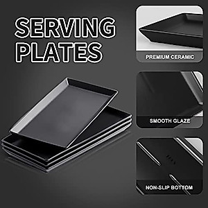 KOOV Ceramic Serving Tray, 14 Inches Large Serving Platter, Rectangular Serving Tray, Porcelain Serving Plates, Ceramic Serving Dishes for Dinner, Party, Sushi, Dessert, Food, Set of 4 (Matte Black)