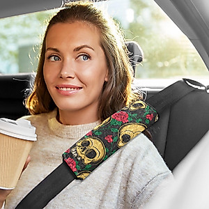 Halloween Sugar Skull Rose Seat Belt Covers 2 Pack Car Seat Strap Covers Super Soft Car Seat Neck Cover for Adults Baby Boys Girls