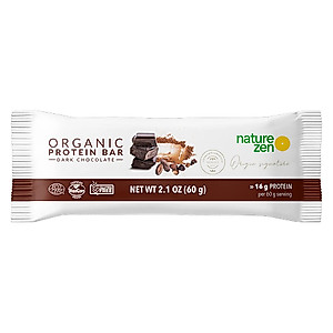 Organic Protein Bars from Nature Zen, Chocolate, High protein snack, 16g protein, High in fibers, certified vegan, No artificial flavor, Nut Free, Soy free, Gluten Free, dairy free, 60g, 12 bars per box