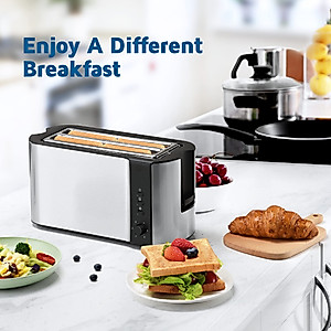 Toaster 4 Slice, Long Slot Toaster Stainless Steel Toaster, 2 Slice Toaster for Bagel Bread, Built-in Warming Rack Bread Toaster, Defrost/Reheat/Cancel Stylish Design, Compact Toaster 1300W, Silver