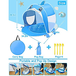 Dolphin Baby Beach Tent with Pool, UPF 50+ UV Protection Pop Up Portable Sun Shade Beach Tent with Sand Pocket, Waterproof Outdoor Sun Shelter for Baby Toddler Age 6-36 Months Baby Essentials