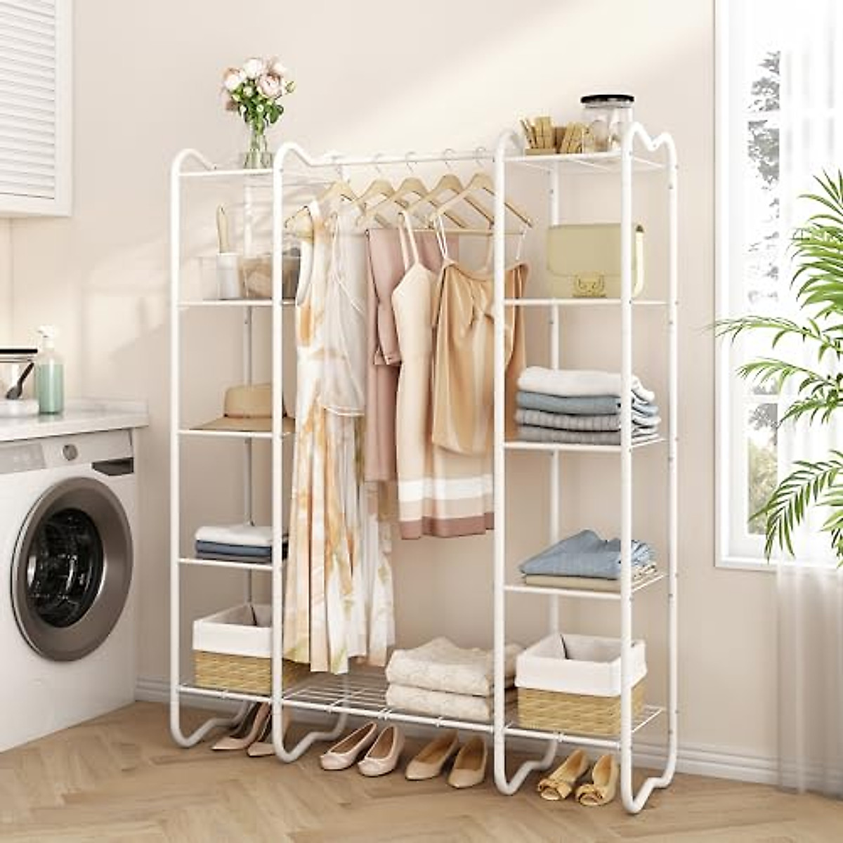 Gewudraw Wardrobe Closet with 8 Metal Shelves, Freestanding Garment Rack, Heavy Duty Clothing Rack For Hanging Clothes, Portable Clothes Rack, Closet Organizer White