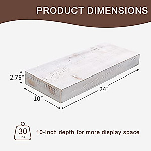 JOLLYMER Washed White Floating Shelves, 10 Inch Deep Wood Wall Shelf for Living Room, Bedroom or Bathroom, Farmhouse Style Home Decor