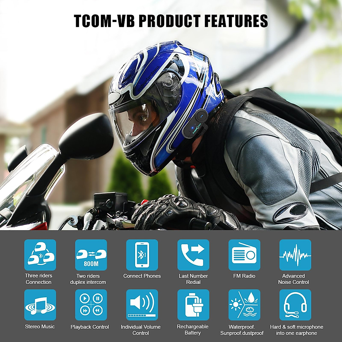 FreedConn T-COMVB Motorcycle Helmet Bluetooth Intercom Interphone Headset Headphones Kit for 2 or 3 Riders /MP3 Player/GPS/FM Radio/Hands Free (5 pin)
