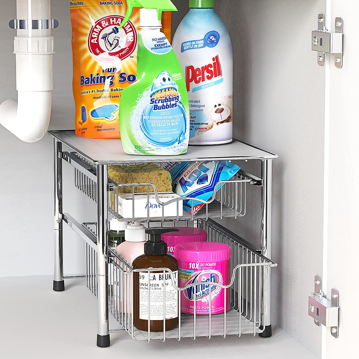 SimpleHouseware Stackable 2 Tier Sliding Basket Organizer Drawer, Chrome