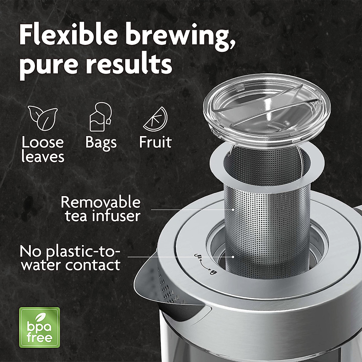 Hot Tea Maker Electric Glass Kettle with tea infuser and temperature control. Automatic Shut off. Brewing Programs for your favorite teas and Coffee.