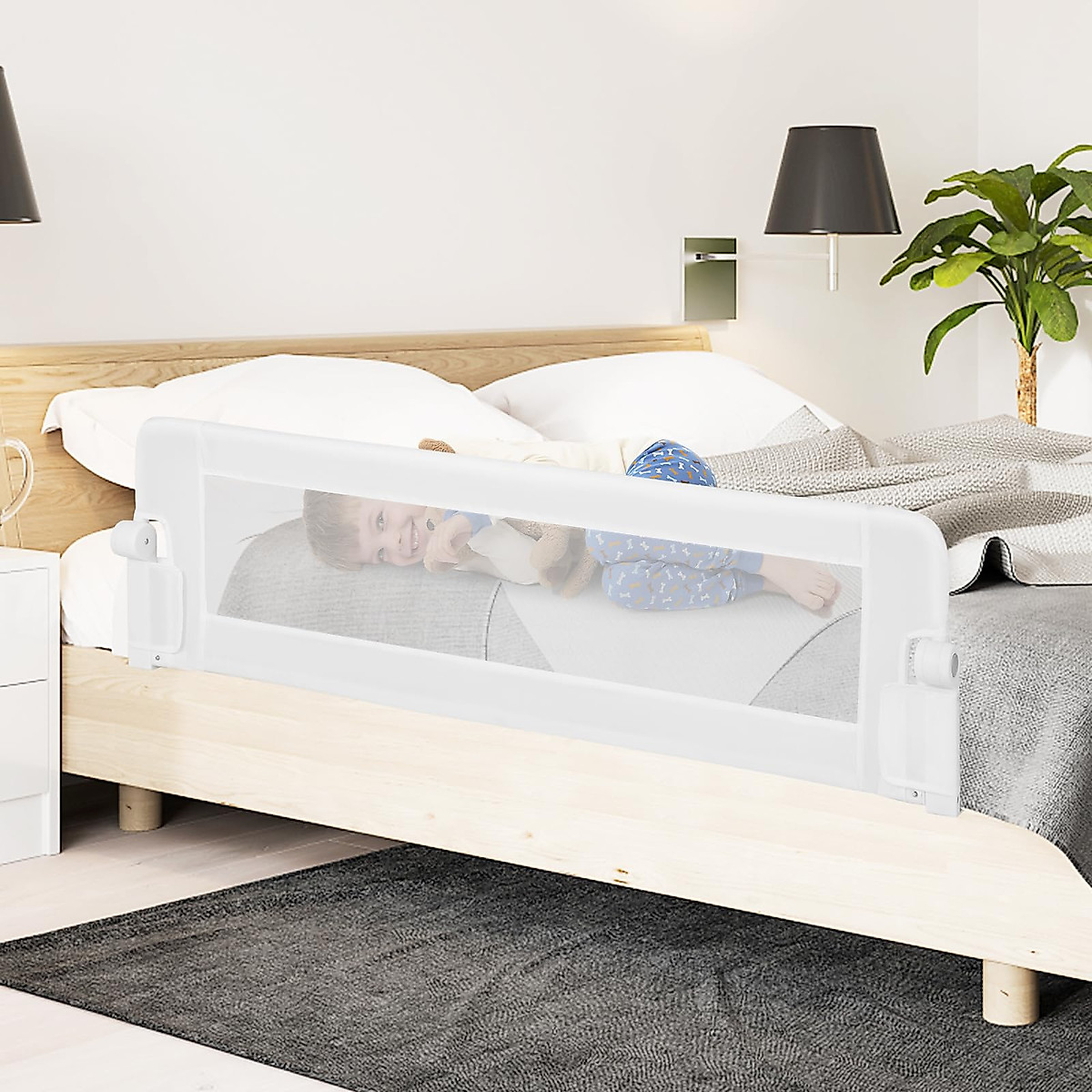 BABY JOY Double Sided Bed Rail Guard, 2 Pack, Extra Long, Swing Down for Convertible Crib, Folding Baby Safety Bedrail for Kids Twin Full Size Queen King Mattress, Rails for Toddlers (White, 60-Inch)