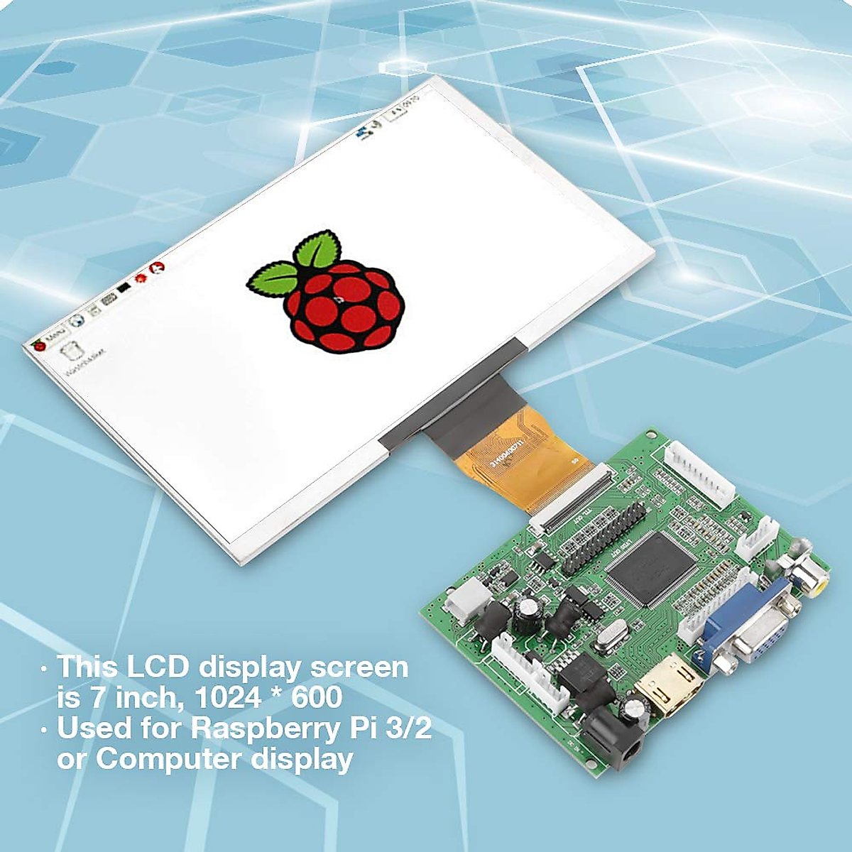 7 Inch 1024 x 600 VGA Monitor Screen LCD TFT Display Kit with Driver Board Monitor for 3/2, Support Plug and Play Function