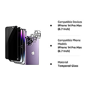 YMHML 2 Pack iPhone 14 Pro Max Privacy Screen Protector + 2 Pack Camera Lens Protector, Anti Spy Tempered Glass Privacy Screen (6.7 Inch), Easy Installation