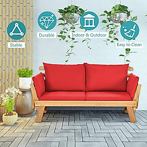 DORTALA Patio Convertible Couch Sofa Bed, Acacia Wood Daybed w/Adjustable Armrest, Collapsible Chaise Lounge w/Cushions & Pillows, Outdoor Loveseat forPoolside, Courtyard (Red)