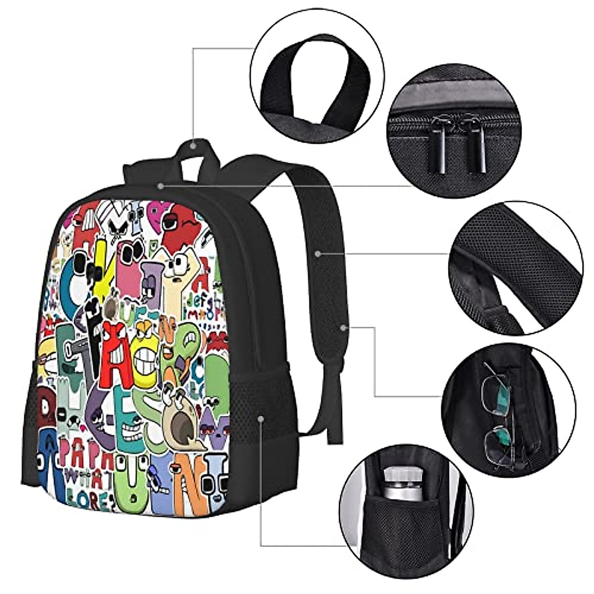FNASFIA Alphabet Lore 3 Piece Backpack Set, Cartoon Alphabet Backpack Pencil Case Lunch Bag Casual Backpack Combo Unisex