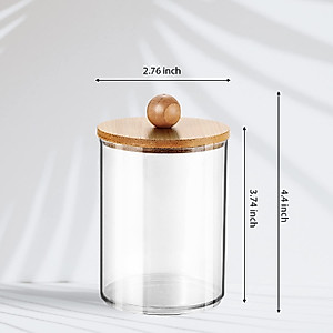Amolliar Qtip Dispenser Apothecary Jars with Bamboo Lids - 12 oz Clear Plastic Vanity Makeup Organizer Storage Canister - Bathroom Accessories for Q-Tips, Cotton Swab, Cotton Ball, Floss (2)