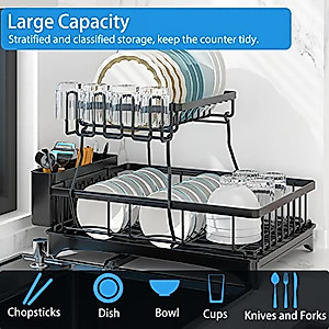 NIUXX Large Dishes Drying Rack Drainboard Set, 2 Tiers Stainless Steel Drainers Holder with Drainage Tray, Kitchen Counter Dish Dryer with Detachable Wine Glass Markcups Utensil Holder, Ideal Gift