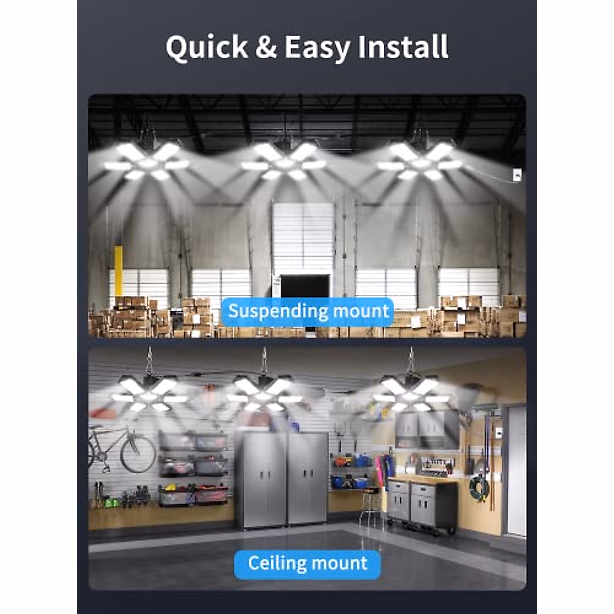 LED Garage Light, 185W 18500LM Plug in LED Shop Light, Linkable Garage Light with Plug Deformable 6 Panels, 6500K LED Garage Ceiling Lights for Garage, Warehouse, Barn, Basement Built-in ON/Off