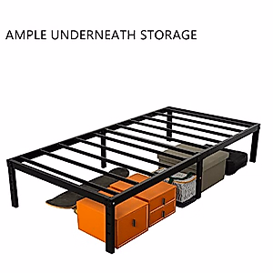 Wulanos Twin Size Bed Frame, 3500lbs Heavy Duty Metal Platform with Steel Slats Support, No Box Spring Needed, 14 inches high Bedframe with Ample Storage, Sturdy and Noise-Free, Black