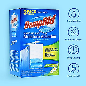 DampRid Hanging Bag, Moisture Absorber, 1 box of 3 bag (16 oz. each bag.), Blue