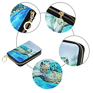 MOYYO RFID Credit Card Holder Case Watercolor Drawing Sea Turtle Leather Printed Zipper Card Case Wallet for Women Girls