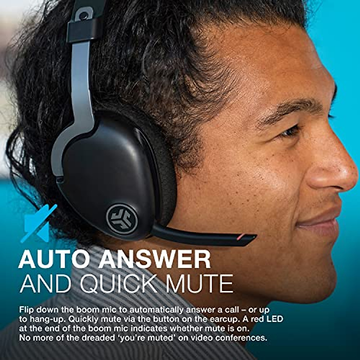 JLab JBuds Work Wireless Headset with Microphone - Over Ear Computer Headsets, Wired or Wireless Headphones with 60+ Playtime - Multipoint Bluetooth Headset for Laptop, Teams - Office Headset with Mic