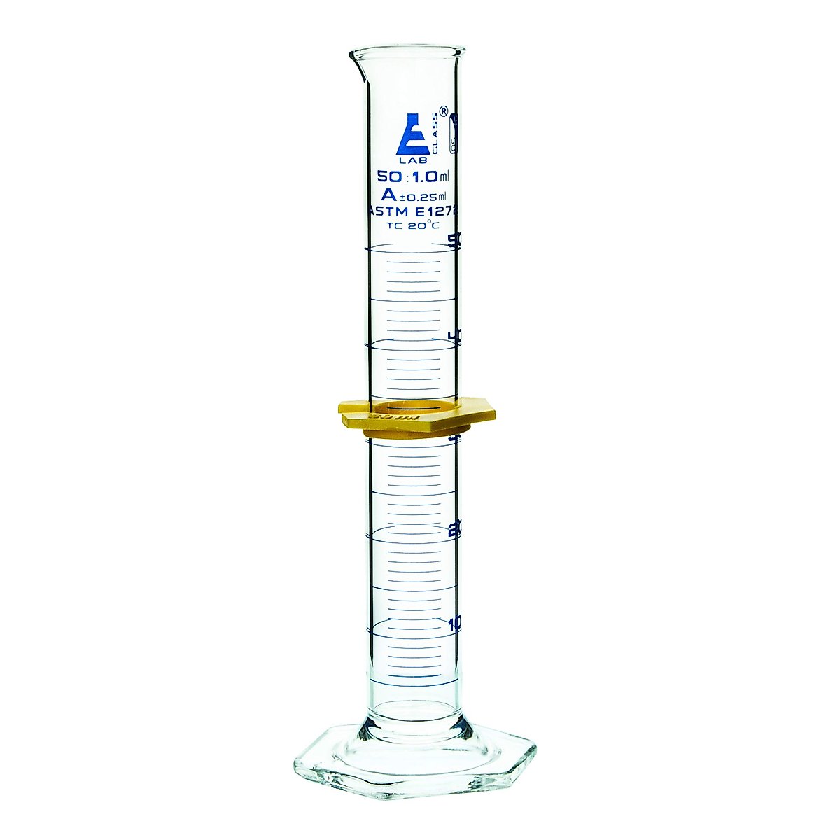 EISCO Graduated Cylinder, 50mL - ASTM, Class A Tolerance ±0.25mL - Protective Collar, Hexagonal Base - Blue Graduations - Borosilicate 3.3 Glass
