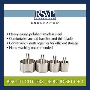 RSVP International Endurance Round Biscuit Cutters - Stainless Steel, Set of 4 | Nest for Easy Storage | For Cutting Thick or Thin Dough | Professional | High Handle Arch