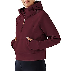 URBEST Women's Hoodies Fleece Lined Collar Pullover Half Zipper Sweatshirts Long Sleeve Crop Sweater Tops with Thumb Hole BURGUNDY XL