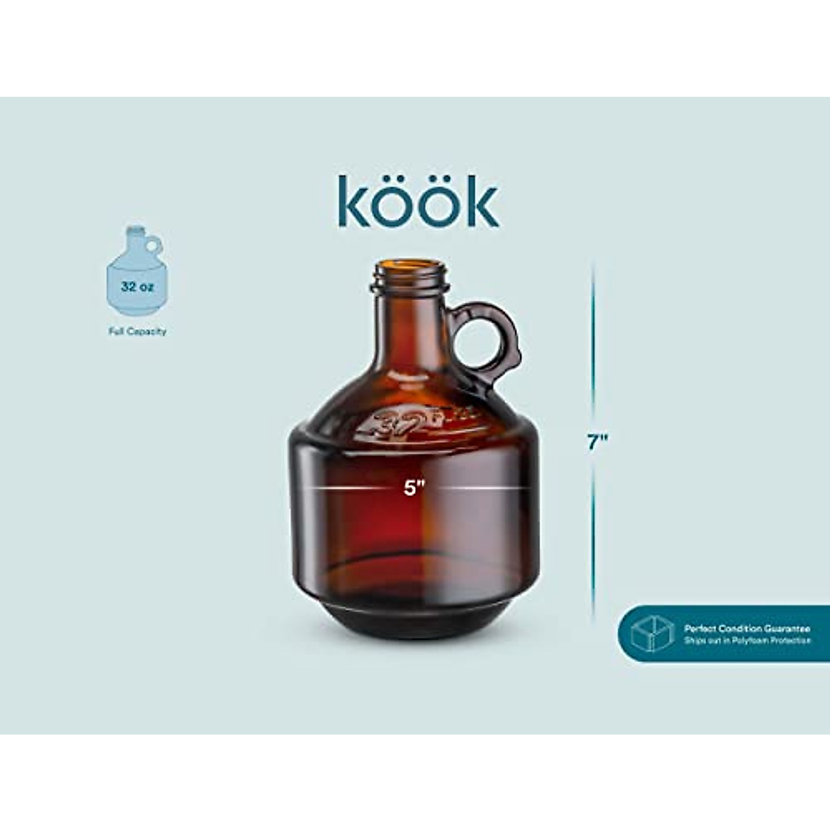 KooK Amber Glass Bottles, Growlers, with Black Plastisol Lined Lids, Beer, Soda, Cider, Kombucha, Set of 6, 32oz